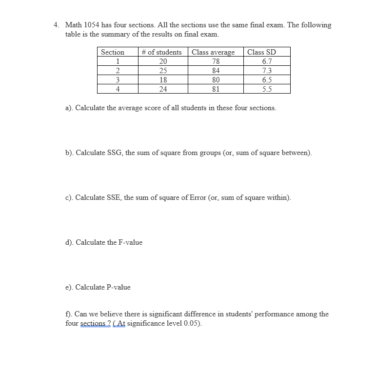Solved 4. Math 1054 has four sections. All the sections use | Chegg.com