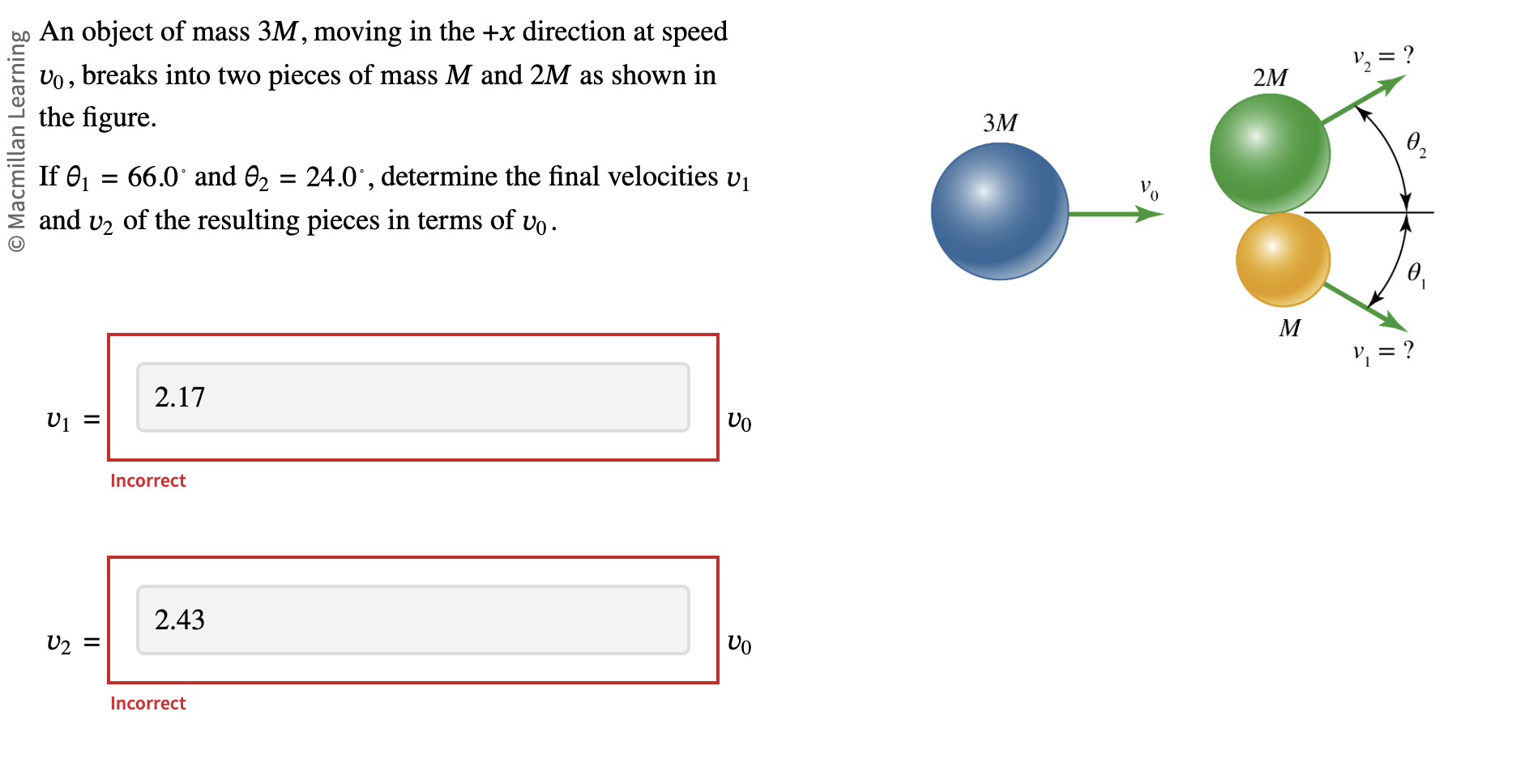 Solved An object of mass 3M, ﻿moving in the +x ﻿direction at | Chegg.com
