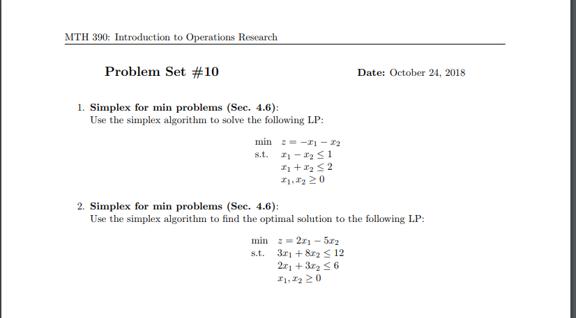 Solved MTH 390: Introduction to Operations Research Problem | Chegg.com