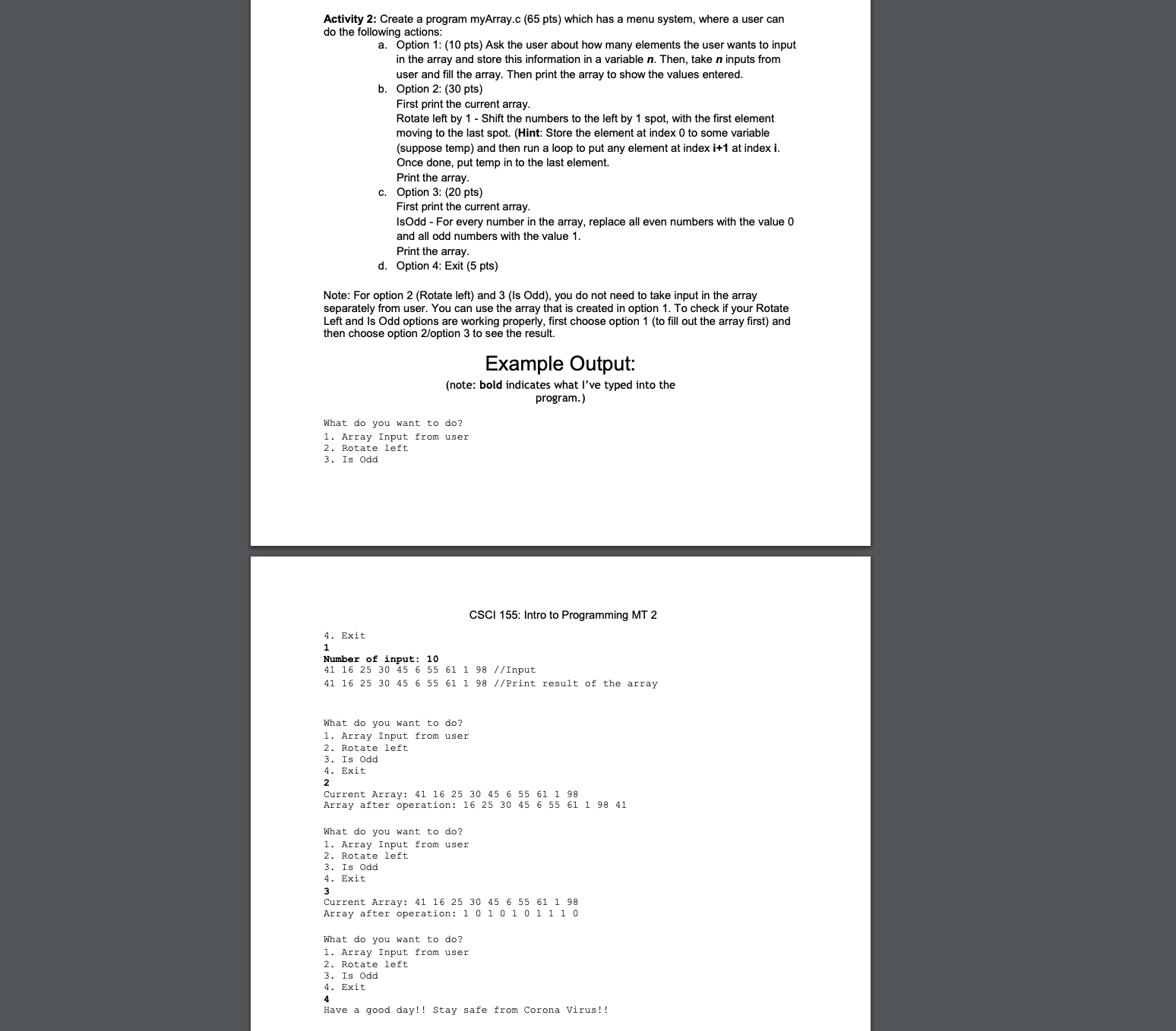 Solved Activity 2: Create a program myArray.c (65 pts) which | Chegg.com