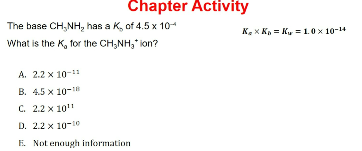 Solved Chapter Activity The base CH3NH2 has a Kb of 4.5×10−4 | Chegg.com