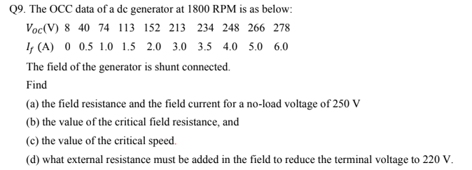 Solved Q9. The OCC data of a dc generator at 1800RPM is as | Chegg.com