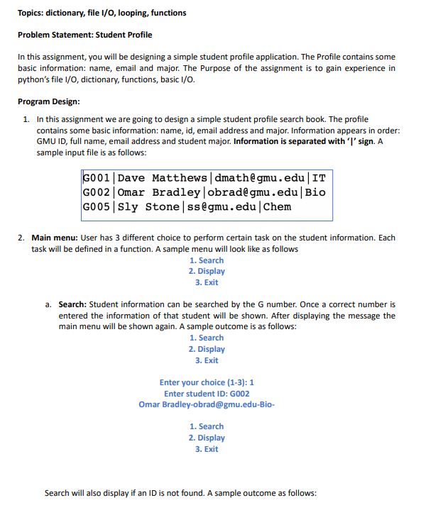 Solved Topics: dictionary, file 1/0, looping, functions | Chegg.com