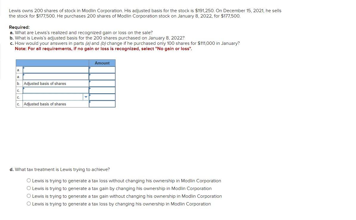 Solved Lewis owns 200 shares of stock in Modlin Corporation. | Chegg.com