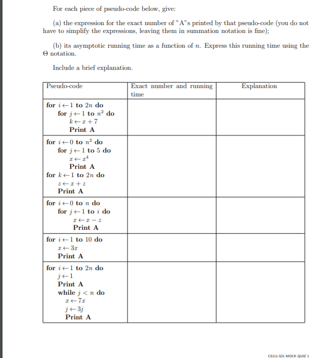 Solved For each piece of pseudo-code below, give: (a) the | Chegg.com