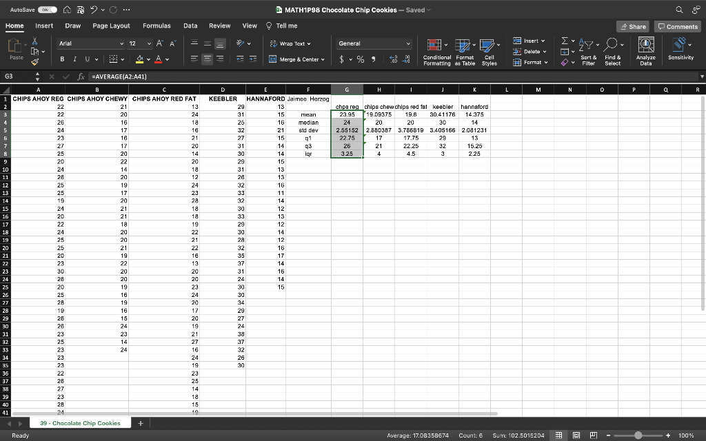 Solved Question Three: Chocolate Chip Cookies Data | Chegg.com