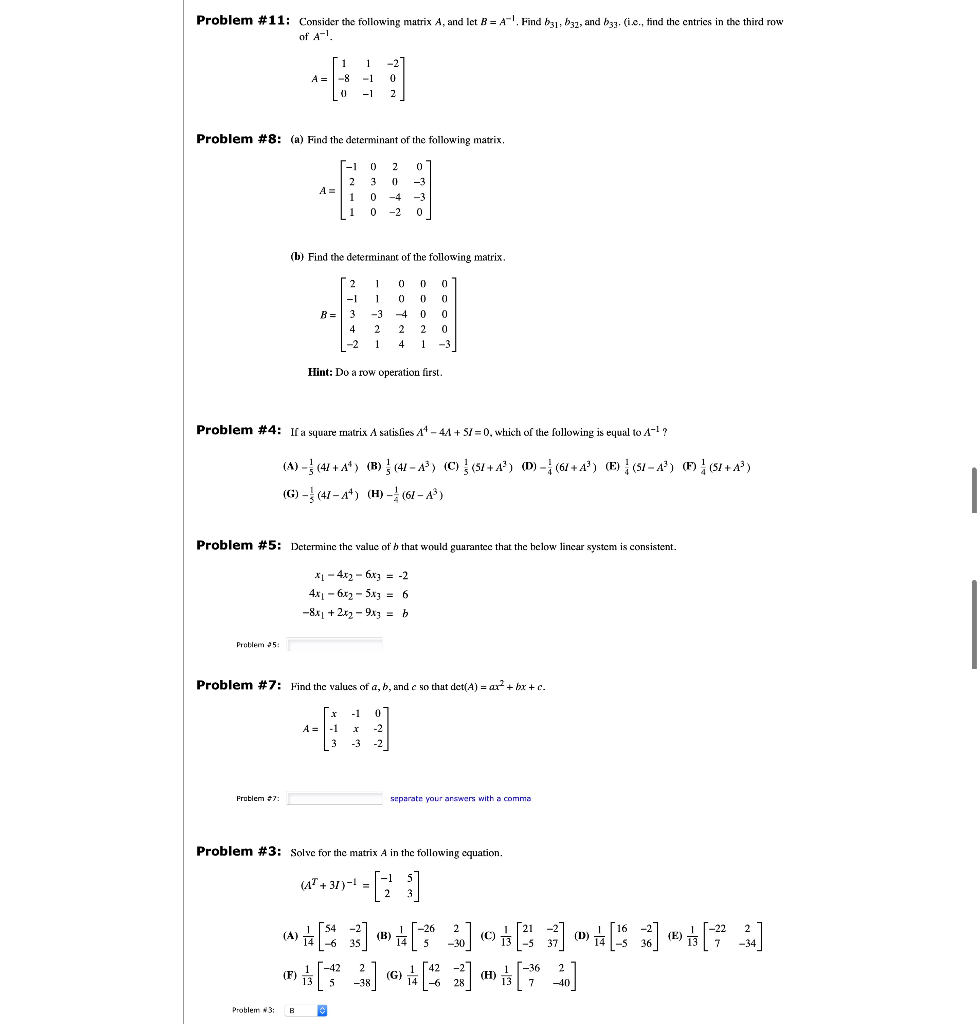 Solved Problem #11: Consider the following matrix A, and let | Chegg.com