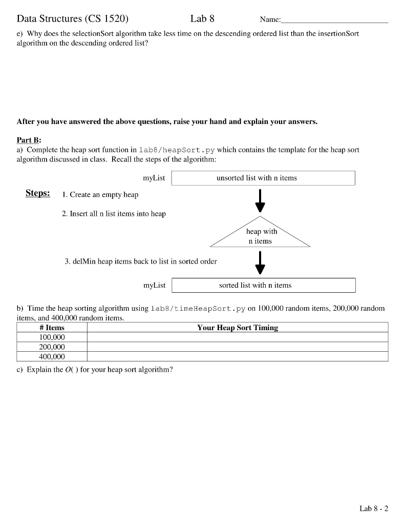 Data Structures (CS 1520) Lab 8 Name: Objectives: You | Chegg.com