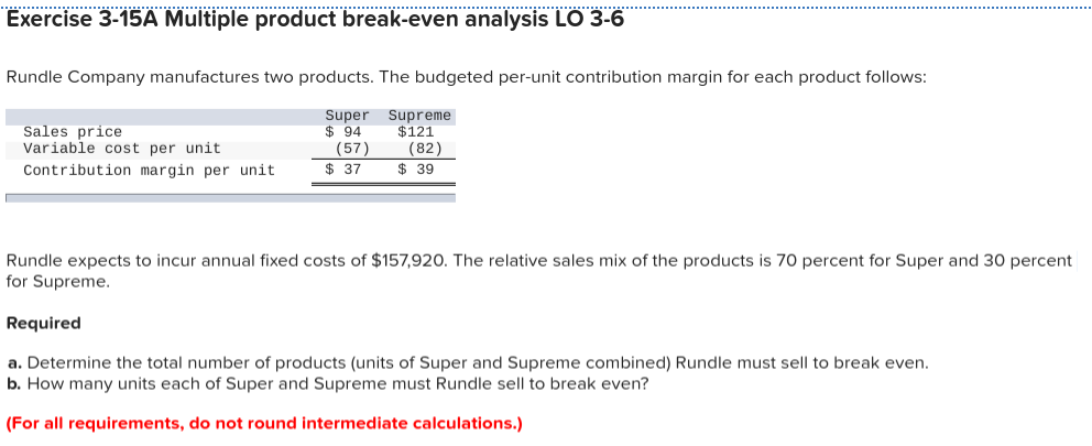 Solved Exercise 3-15A Multiple product break-even analysis | Chegg.com