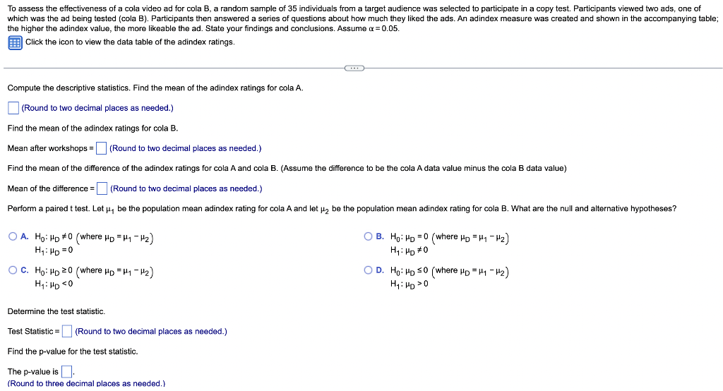 Solved Data table of the adindex ratingsTo assess the | Chegg.com