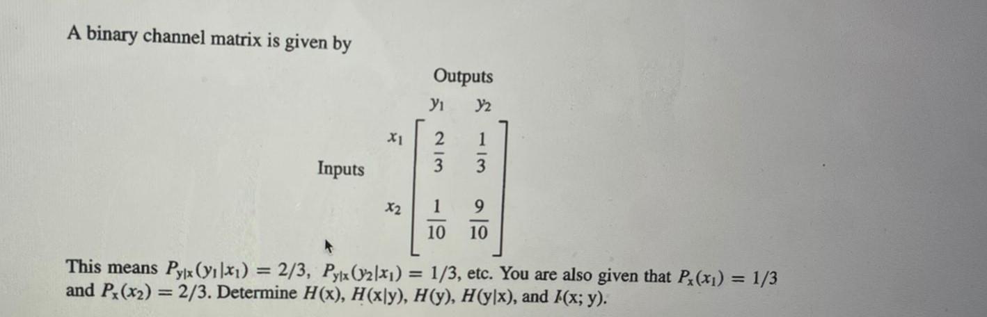 Solved A binary channel matrix is given by Outputs Y2 X1 5 | Chegg.com