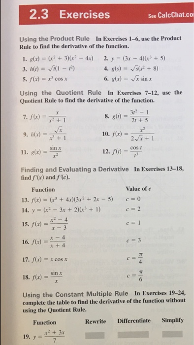 Solved 2.3 Exercises See CalcChat.co Using the Product Rule | Chegg.com