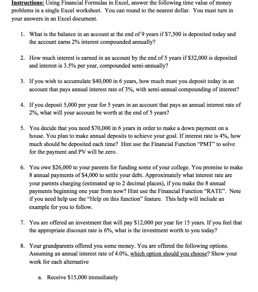 Solved Instructions: Using Financial Formulas in Excel, | Chegg.com