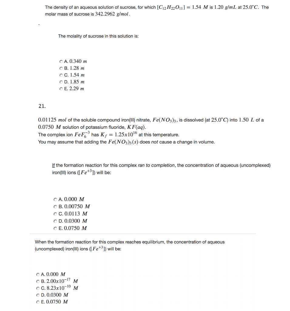 Solved The density of an aqueous solution of sucrose, for | Chegg.com
