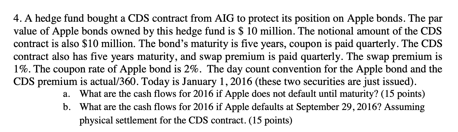 4. A hedge fund bought a CDS contract from AIG to | Chegg.com
