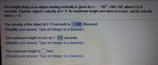 Solved The height (feet) of an object moving vertically is | Chegg.com