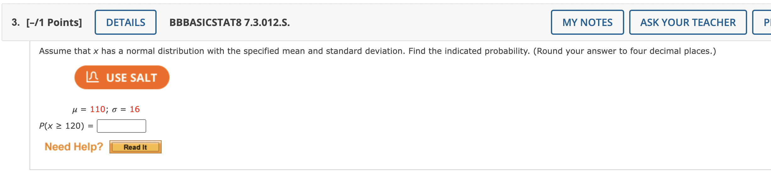 Solved [-/1 Points] BBBASICSTAT8 7.3.012.S. Assume that x | Chegg.com