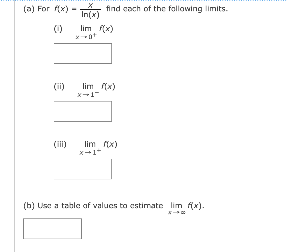 Solved (a) For f(x)=ln(x)x find each of the following | Chegg.com