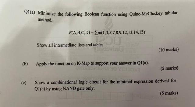 Solved Qi(a) Minimize the following Boolean function using | Chegg.com