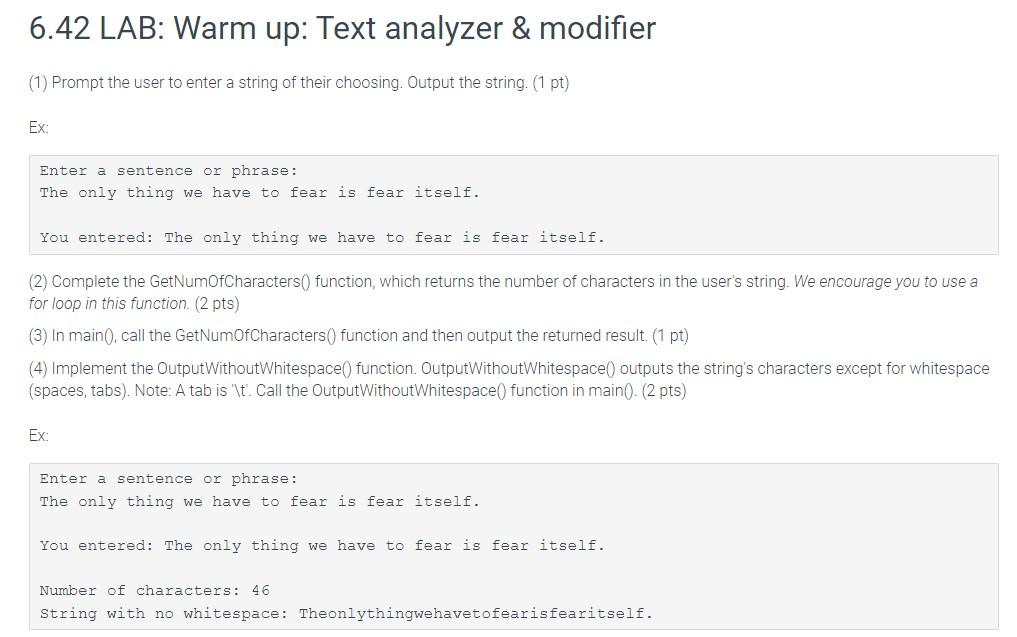 Solved 6.42 LAB: Warm up: Text analyzer & modifier (1) | Chegg.com