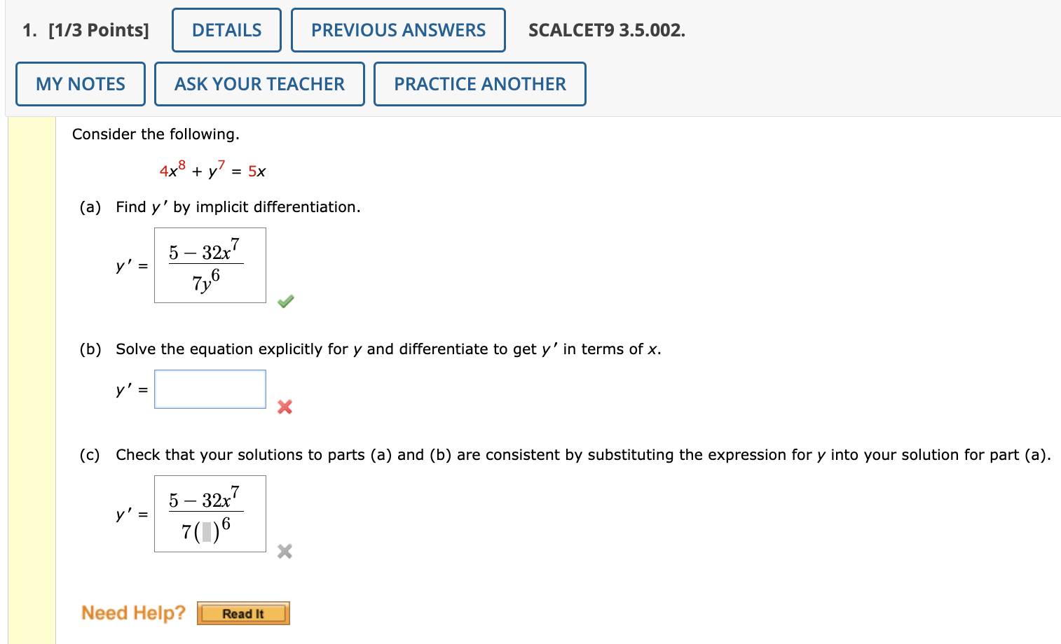 Solved Consider the following. 4x8 + y7 = 5x (a) Find y ′ | Chegg.com