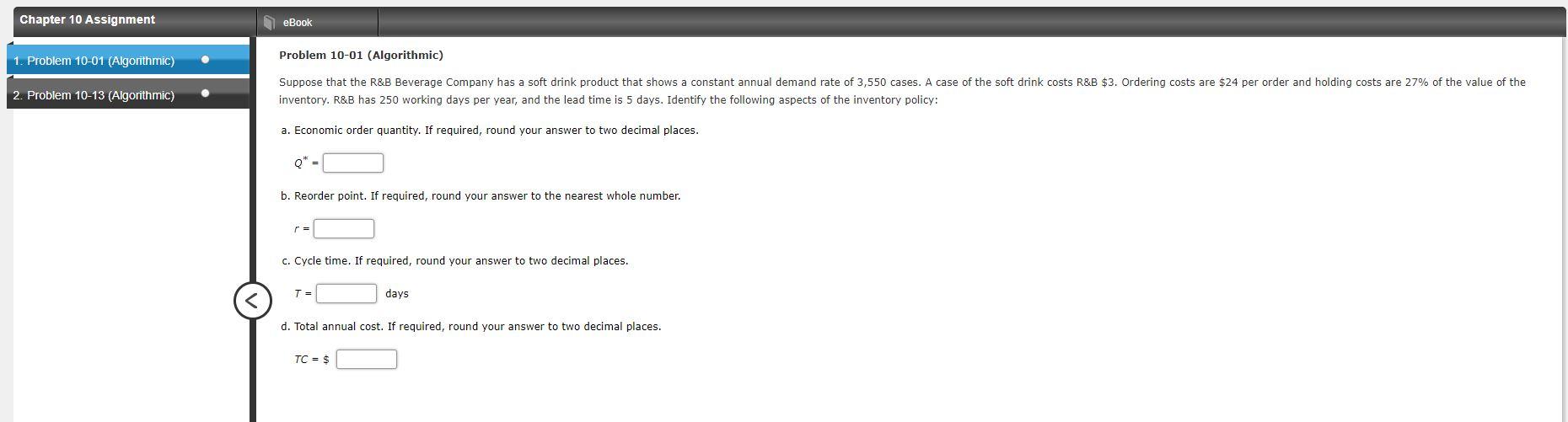Solved Chapter 10 Assignment eBook 1. Problem 10-01 | Chegg.com