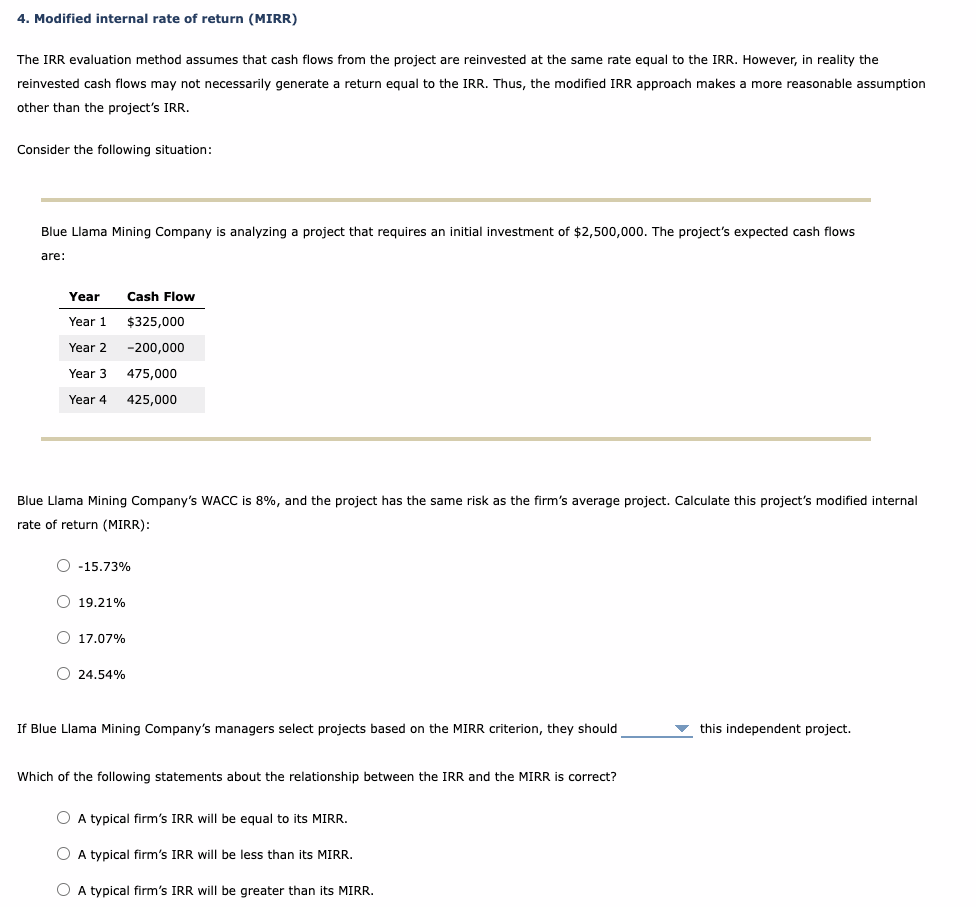 Solved 4. Modified internal rate of return (MIRR) The IRR | Chegg.com