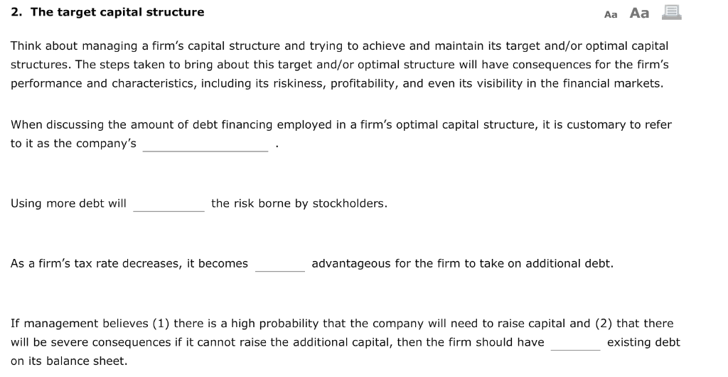 Solved 2. The target capital structure Aa Aa Think about | Chegg.com