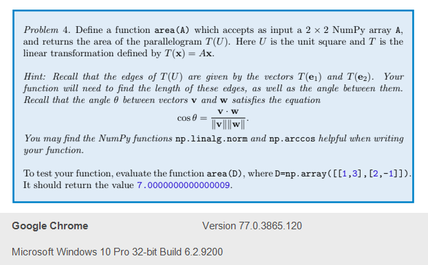 Problem 4. Define a function area (A) which accepts | Chegg.com