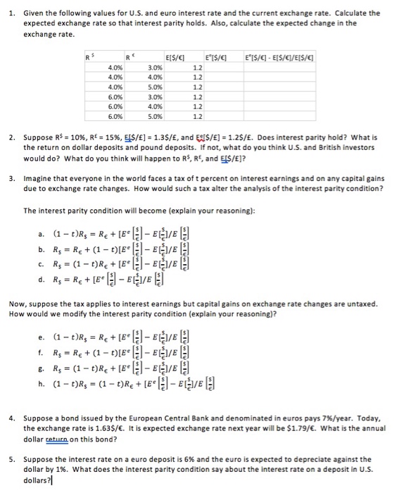 Solved 1. Given the following values for U.S. and euro | Chegg.com
