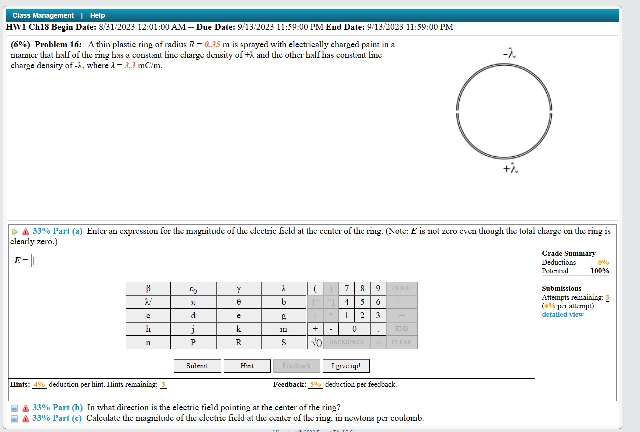 (6\%) Problem 16: A thin plastic ring of radius | Chegg.com