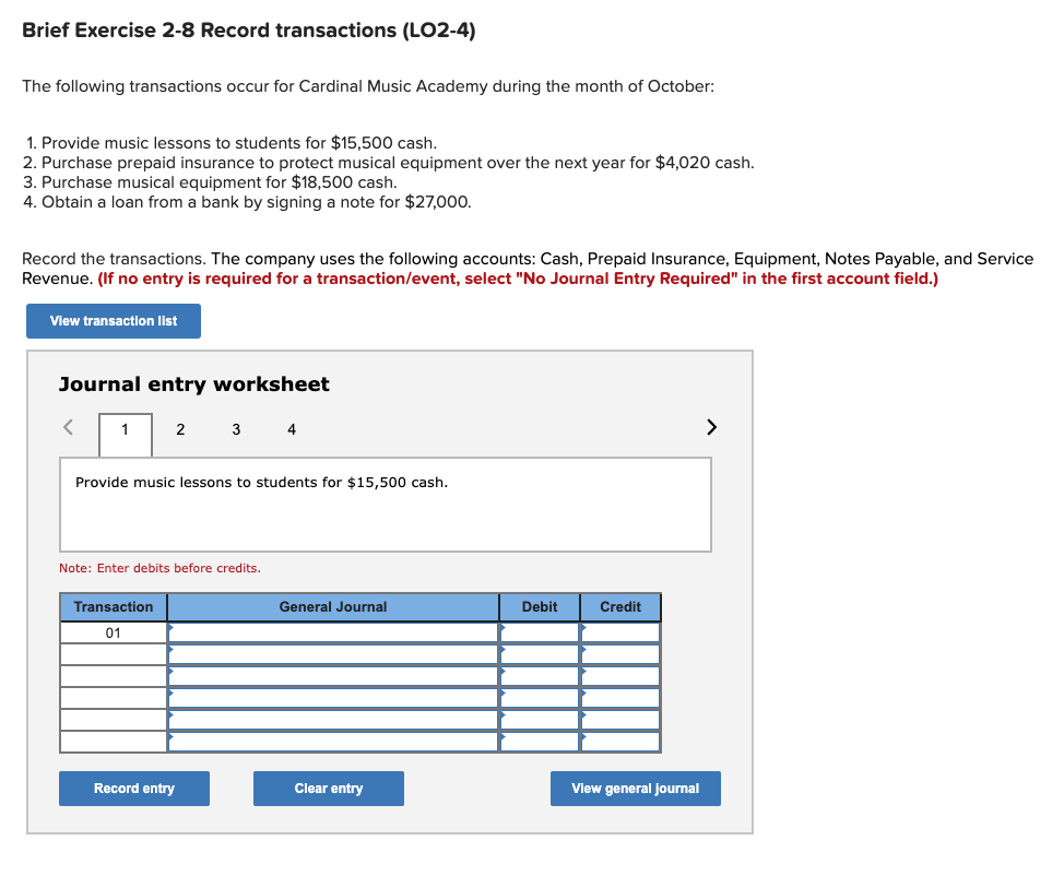 Solved Brief Exercise 2-8 Record transactions (LO2-4) The | Chegg.com