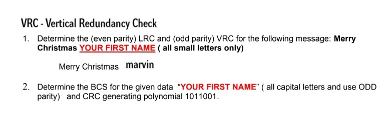 Solved VRC - Vertical Redundancy Check 1. Determine the | Chegg.com