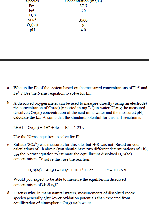 Solved Species Fe2+ Concentration (mg/L) 37.5 2.5 Fe3+ H2S | Chegg.com