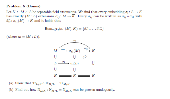 Solved Problem 5 (Bonus) Let K⊂M⊂L be separable field | Chegg.com