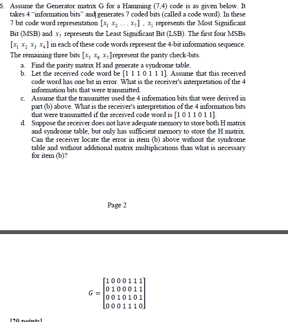 6. Assume the Generator matrix G for a Hamming (7,4) | Chegg.com