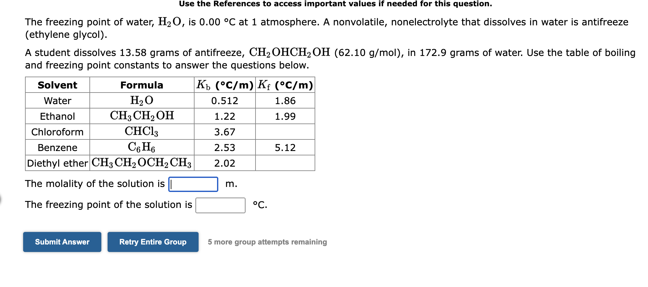 Solved The freezing point of water, H2O, is 0.00∘C at 1 | Chegg.com