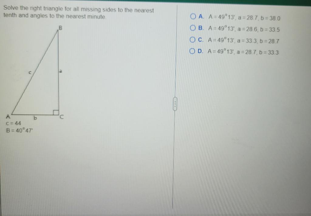 Solved Solve the right triangle for all missing sides to the | Chegg.com