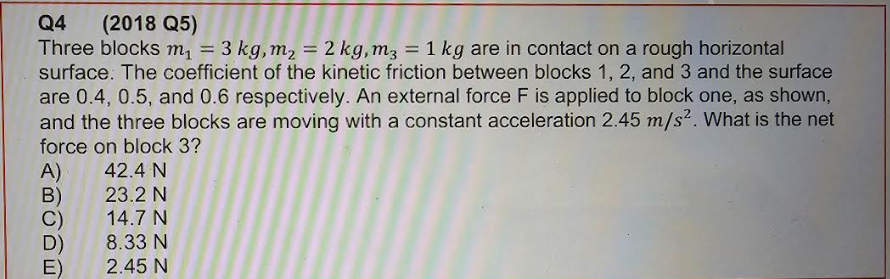 Solved Three blocks m1=3kg, m2= 2kg, m3 = 1kg are in contact | Chegg.com