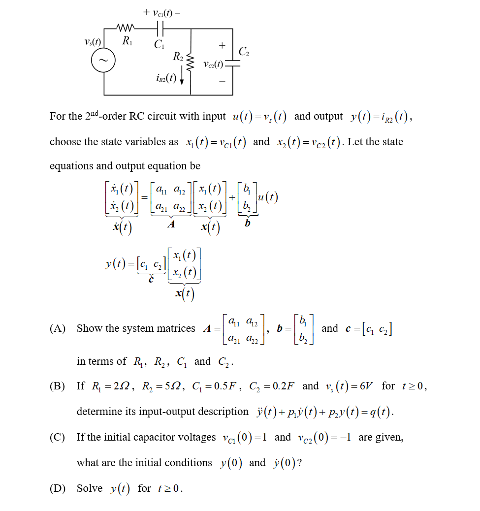 Solved For the 2nd -order RC circuit with input u(t)=vs(t) | Chegg.com