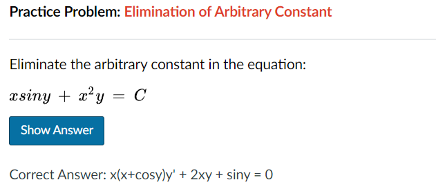 Solved Practice Problem: Elimination of Arbitrary Constant | Chegg.com