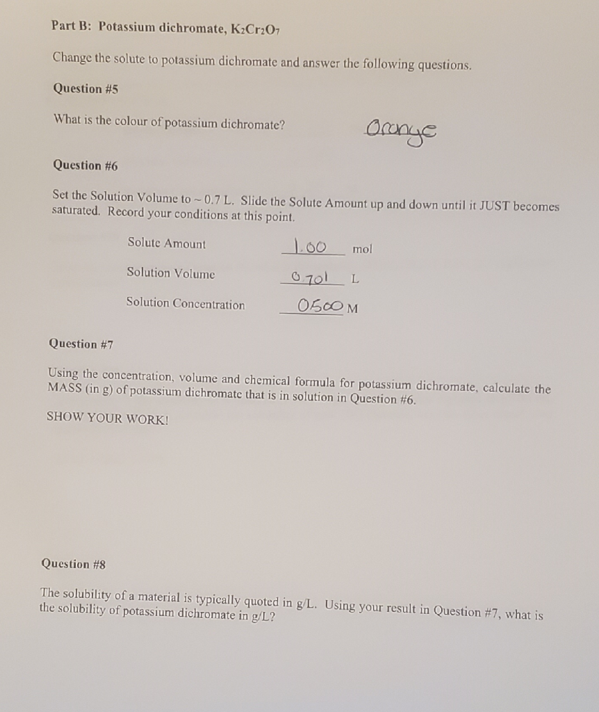 Solved Part B: Potassium dichromate, K2Cr2O7 Change the | Chegg.com