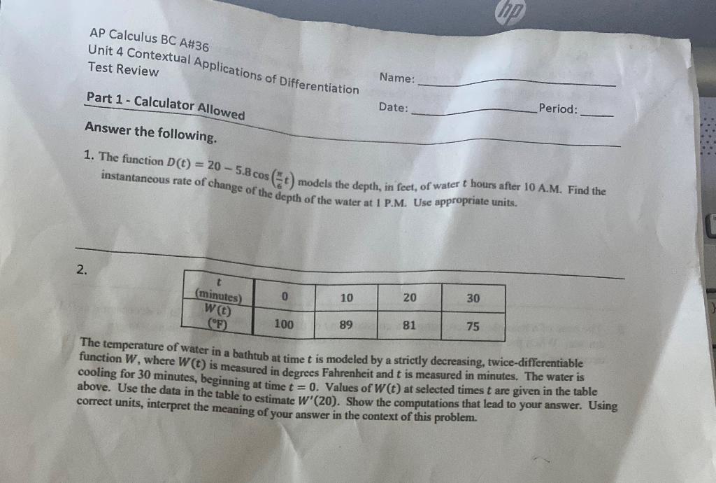 Solved hp AP Calculus BC A#36 Unit 4 Contextual Applications | Chegg.com