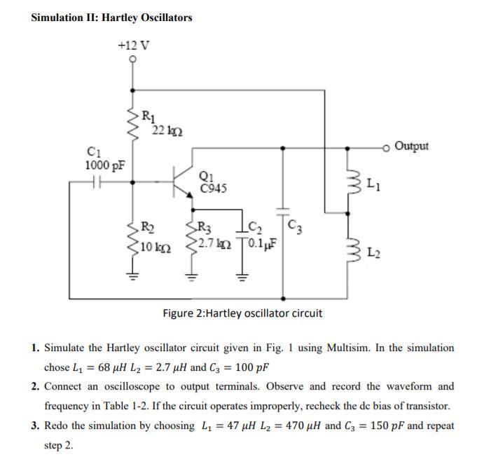 Solved Simulation II: Hartley Oscillators +12 V R1 22 km2 | Chegg.com
