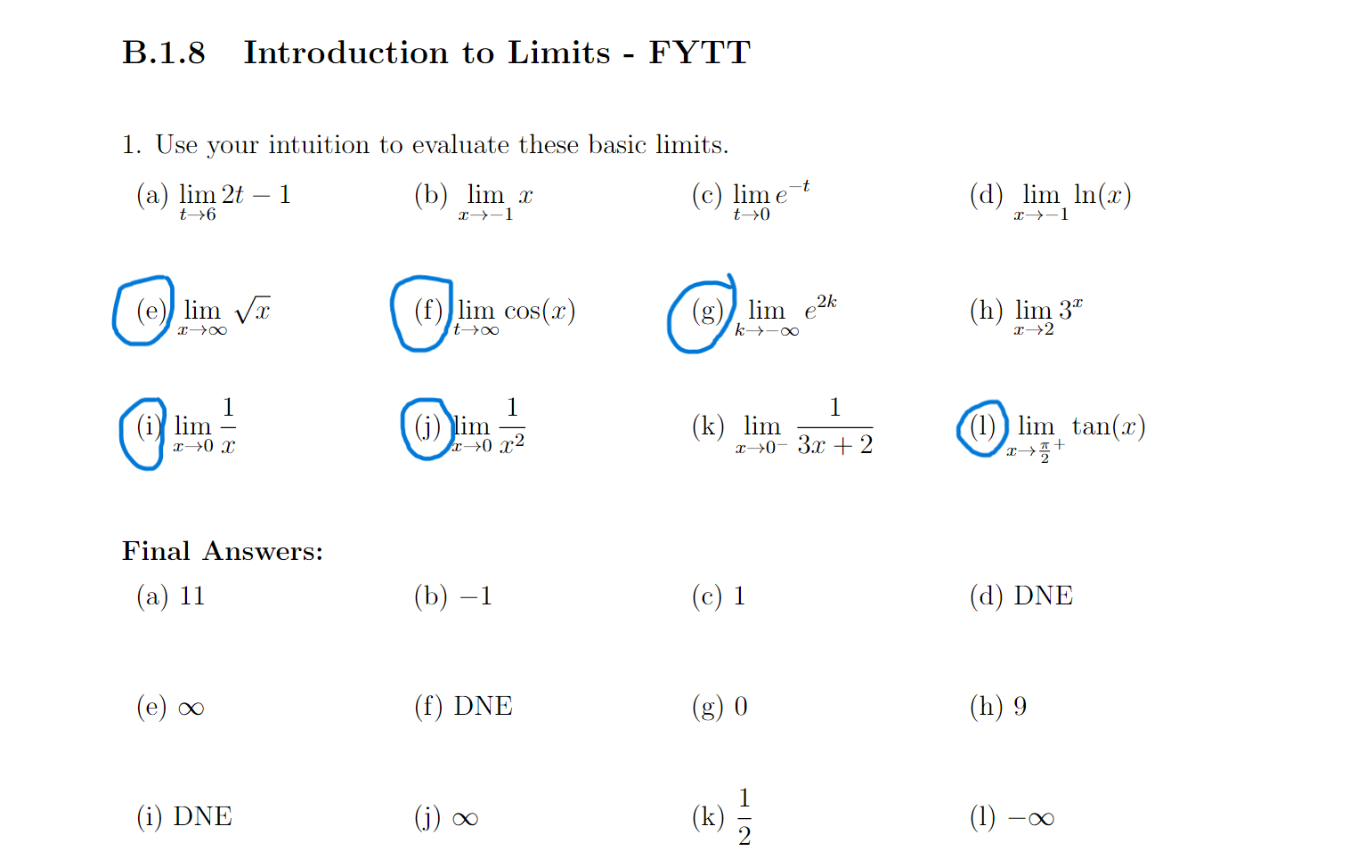 Solved 1. Use your intuition to evaluate these basic limits. | Chegg.com