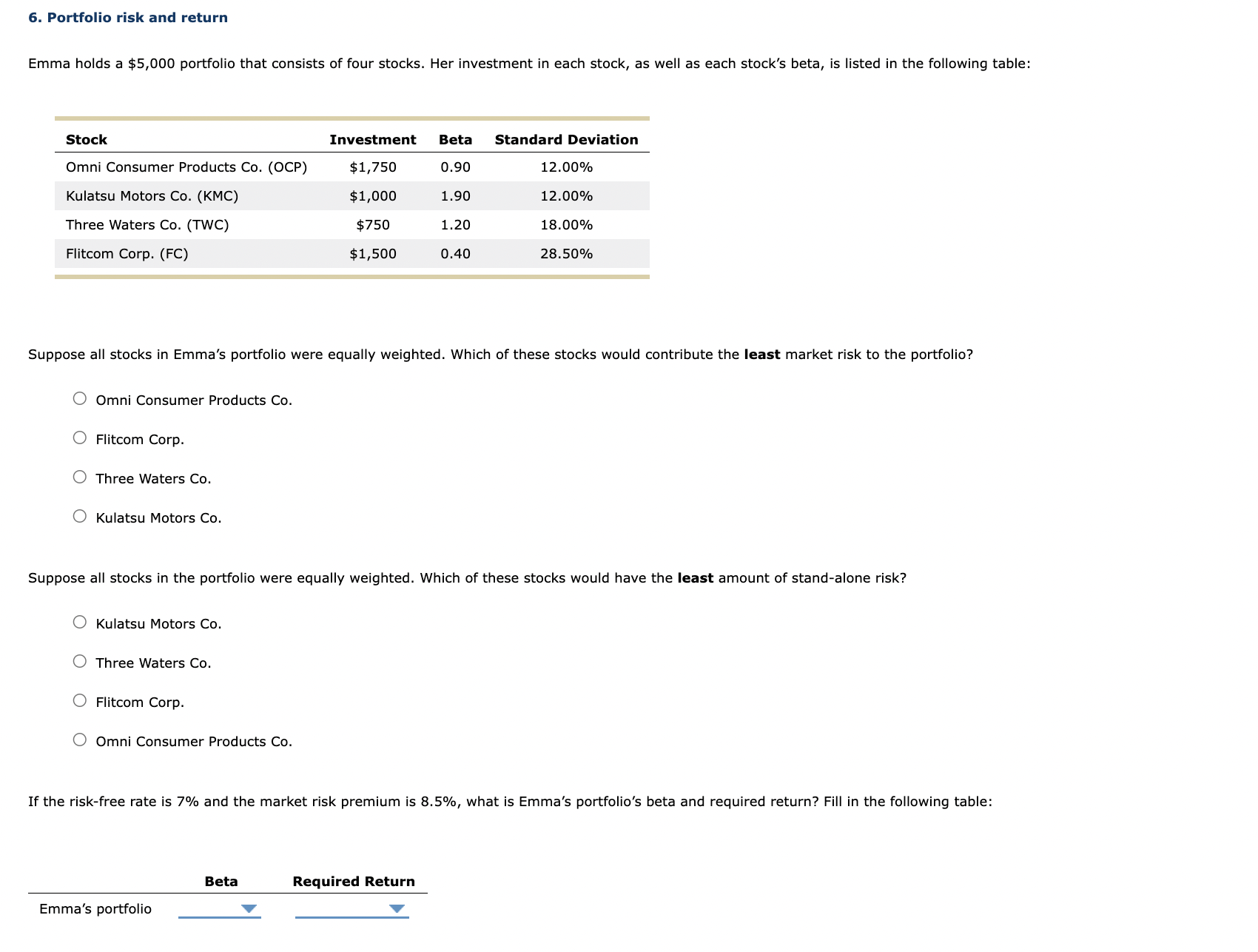 Solved 6. Portfolio risk and return Emma holds a $5,000 | Chegg.com