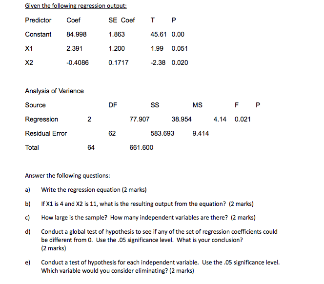 Solved Given the following regression output: Predictor Coef | Chegg.com