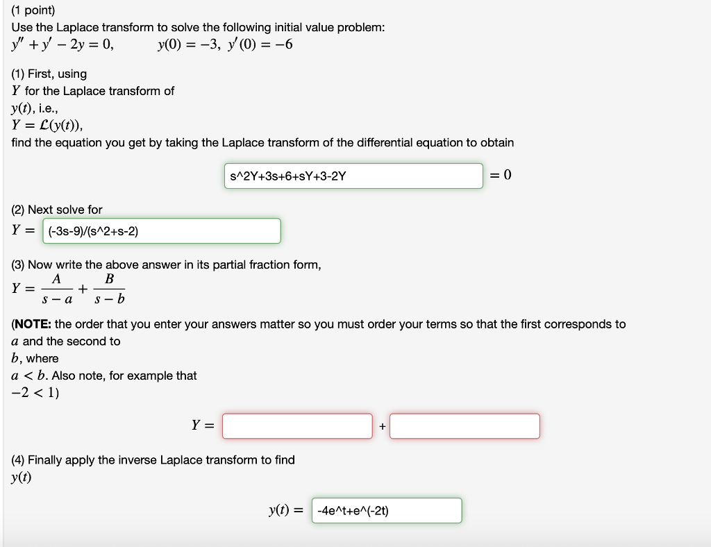 Solved (1 point) Use the Laplace transform to solve the | Chegg.com