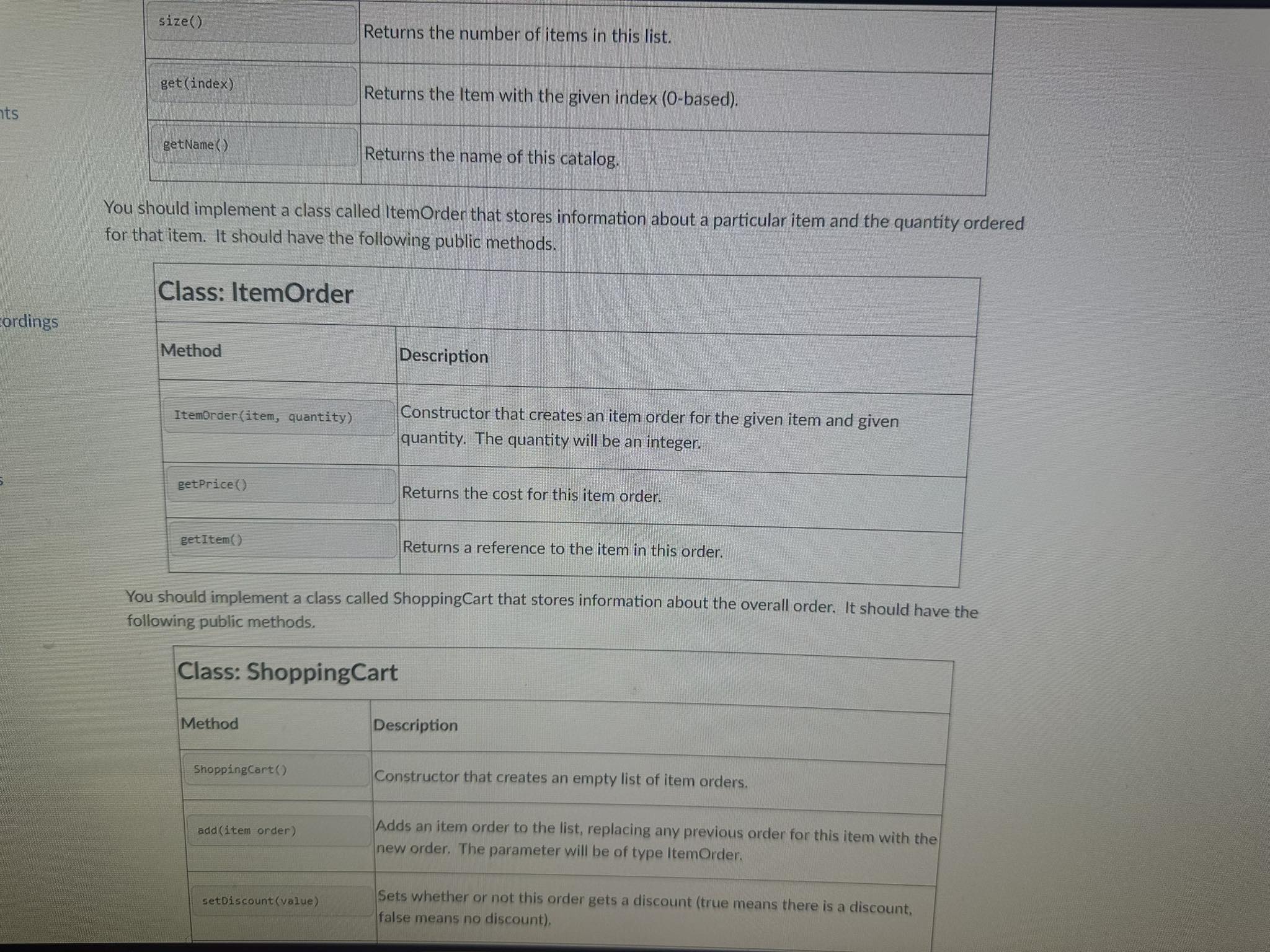 Solved You should implement a class called ItemOrder that | Chegg.com