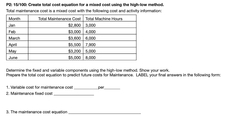Solved P2: 15/100: Create total cost equation for a mixed | Chegg.com